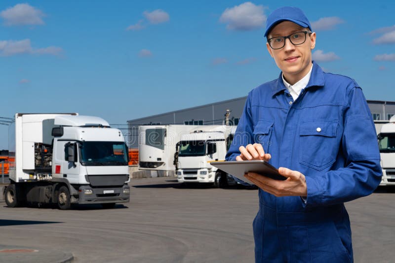 Semi Truck Fleet at the Logistics Center Stock Photo - Image of station ...