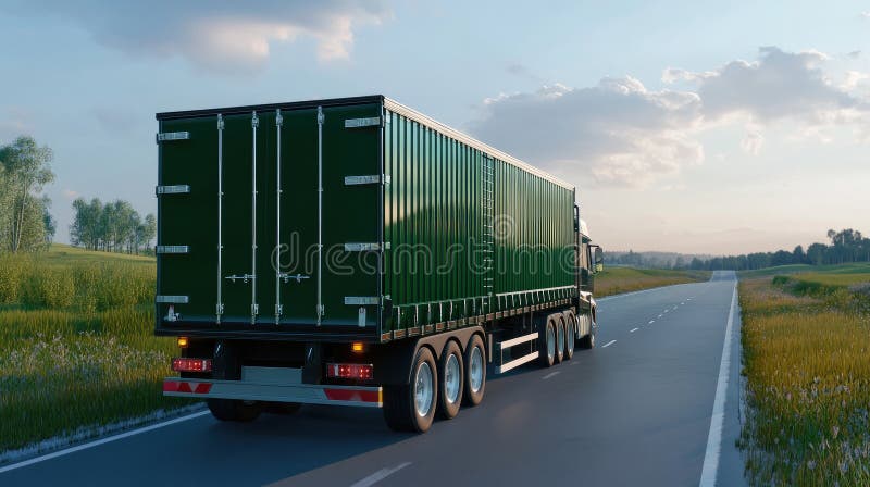 A Semi Truck with Green Container Transporting Goods. Back View Stock ...
