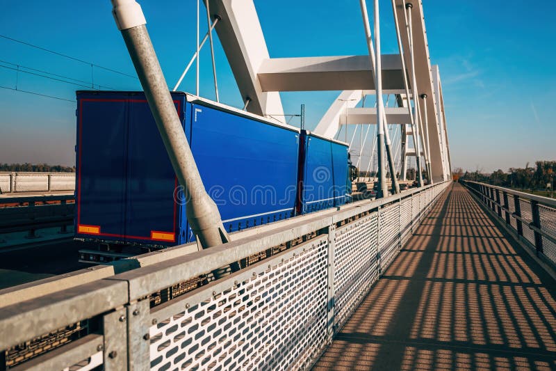 Semi Truck with Trailer Crossing the Bridge Stock Photo - Image of ...