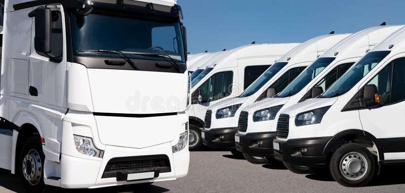 Semi Trucks and Delivery Vans are Parked in Rows. Commercial Fleet ...