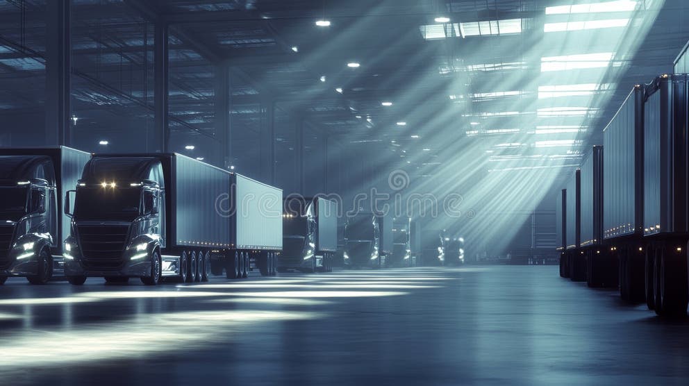 Semi-trucks Parked Inside Cavernous Warehouse, Dim Lighting Piercing ...