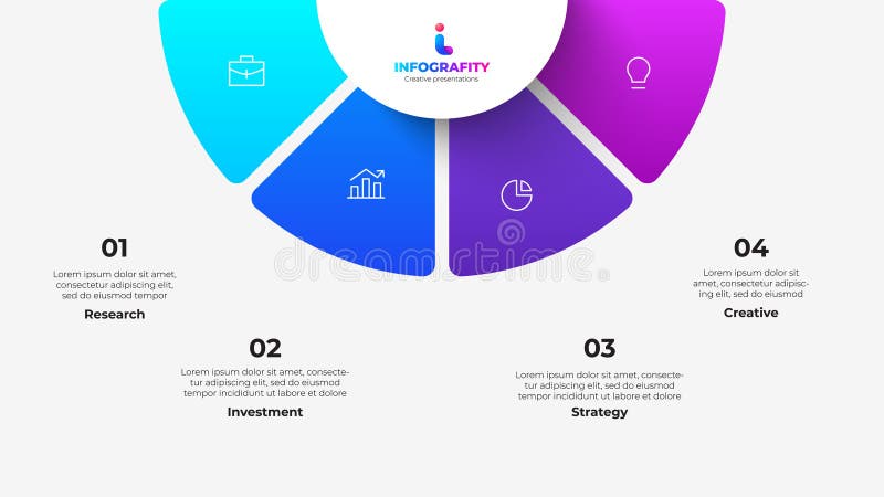 Semicircle Pie Chart Divided into 4 Parts. Concept of Four Features of ...