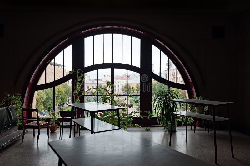 Semicircle Window in the Dark Room Stock Photo - Image of public ...