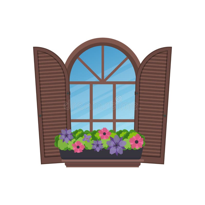 Old Window with Flowers and Stone Cladding. Cartoon Style Stock Vector ...