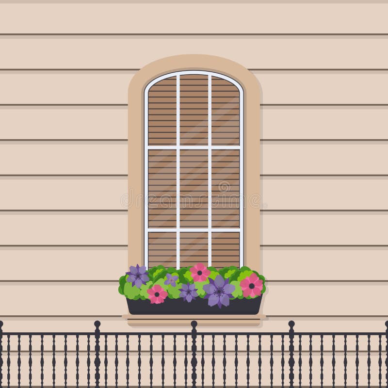 Old Window with Flowers and Stone Cladding. Cartoon Style. Vector ...