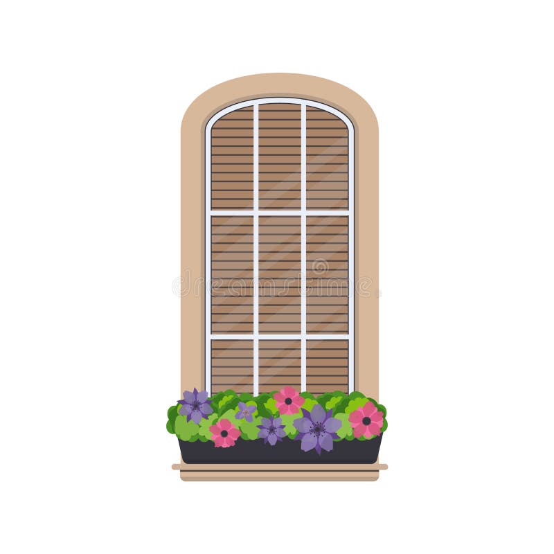 Old Window with Flowers and Stone Cladding. Cartoon Style. Vector ...