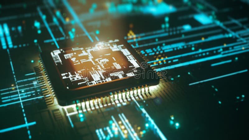 Semiconductor Chip Glowing Bright Yellow, 3d Rendering Stock ...