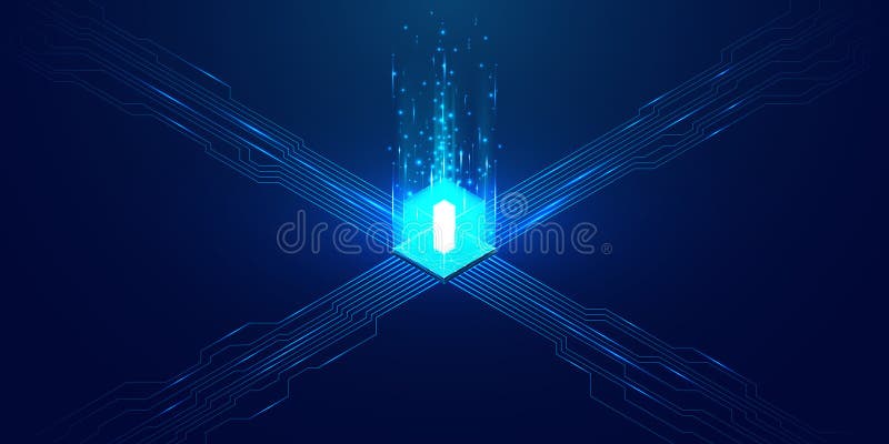 Semiconductor on Dark Blue Technology Background with Circuit Wires ...