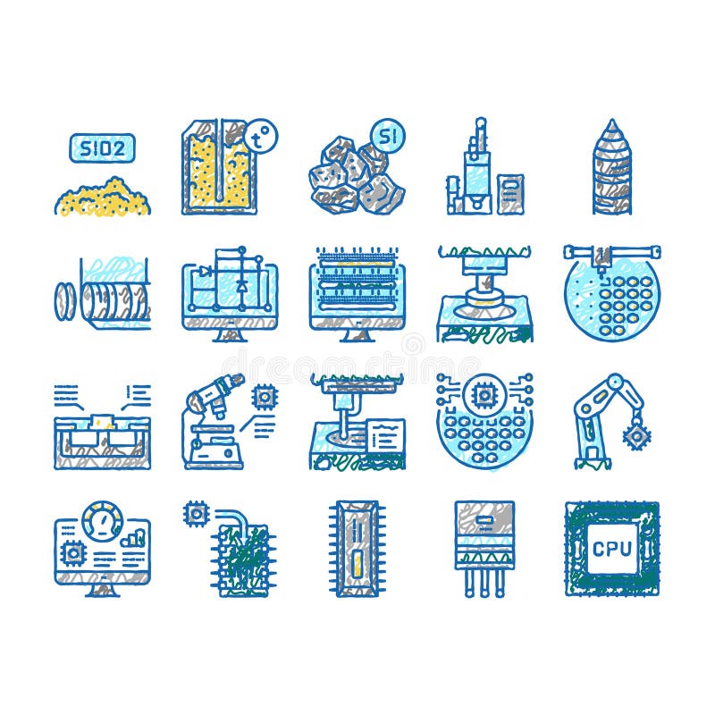 Semiconductor Manufacturing Plant Icons Hand Drawn Stock Illustration ...