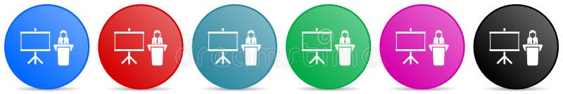 Seminar and Training Vector Icons, Set of Circle Gradient Buttons in 6 ...