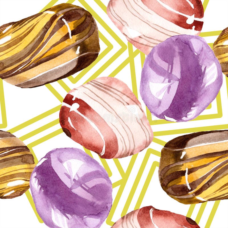 Semiprecious Stones And Crystals Watercolor Illustration Set Seamless Background Pattern