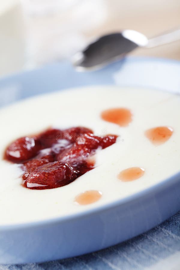 Semolina Porridge with Strawberry Jam Stock Photo - Image of plate ...