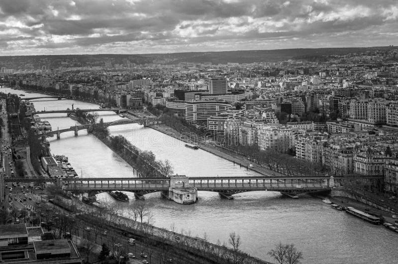 Sena River View from Eiffel Tower in Black and White Stock Photo ...