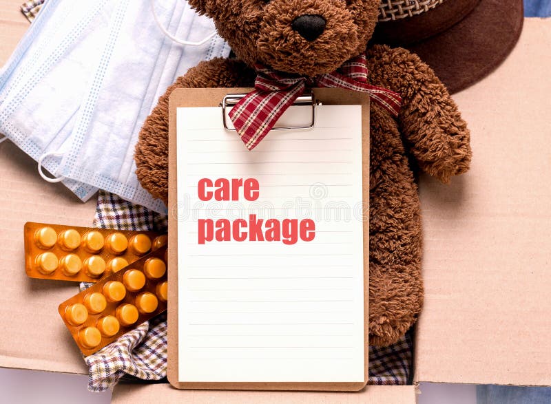 Sending Care. in a Cardboard Box Things, Toys and Vitamins. Stock Image ...