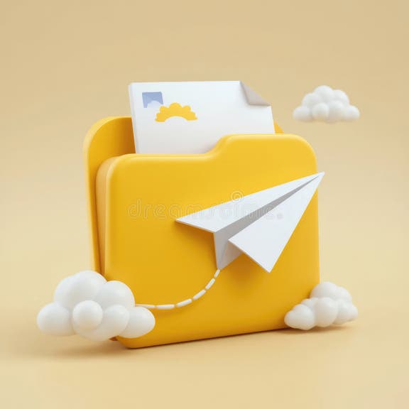 Sending Documents Concept Yellow Folder with Paper Plane and Clouds ...