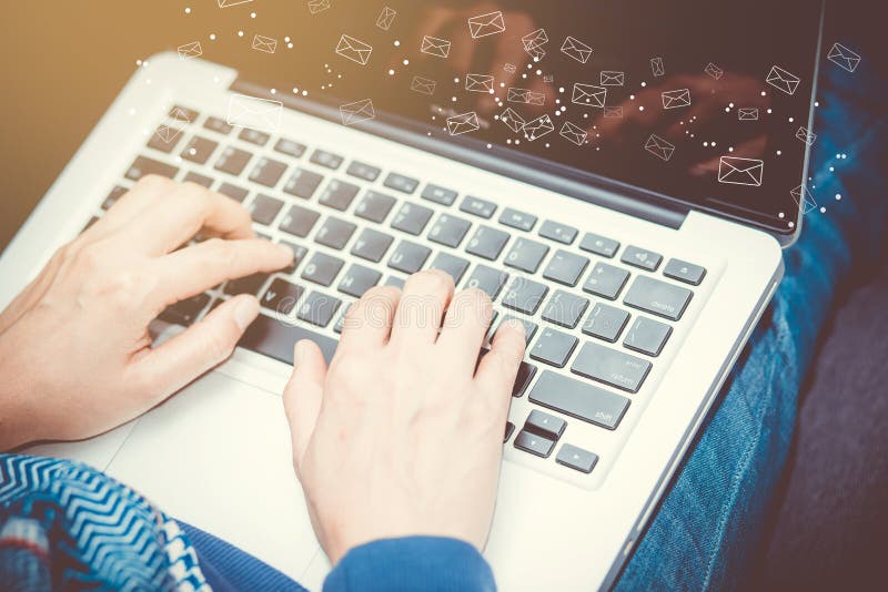 Sending Email. Gesture of Finger Pressing Send Button on a Computer ...