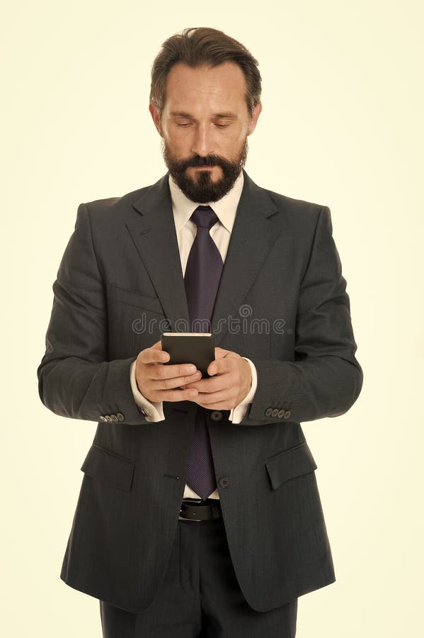 Sending Important Message. Businessman Formal Suit Holds Smartphone ... Sending Important Message. Businessman Formal Suit Holds Smartphone ...