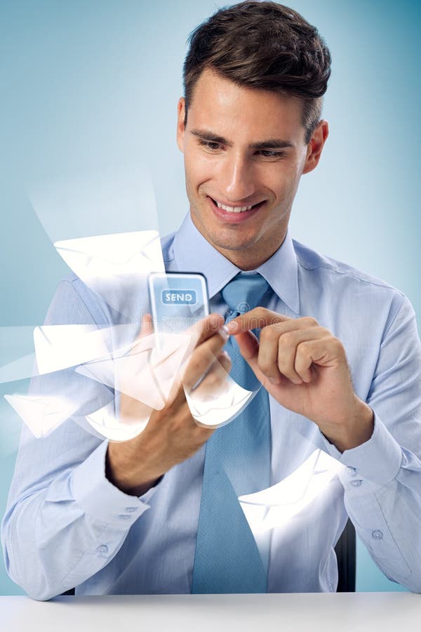 Sending Mail - Smiling Man Using Futuristic Phone Stock Image - Image ...