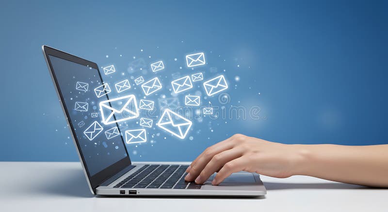 Sending Virtual Messages from a Laptop with a Blue Background ...