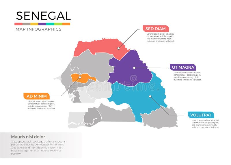 Senegal Map Infographics Vector Template with Regions and Pointer Marks ...