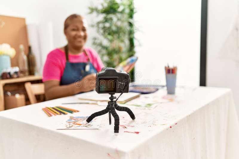 Senior African American Woman Recording Draw Tutorial at Art Studio ...