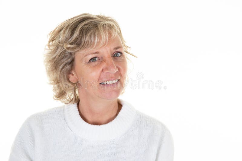 Senior Beautiful Sixty Year Old Curly Blonde Mature Woman With Blue