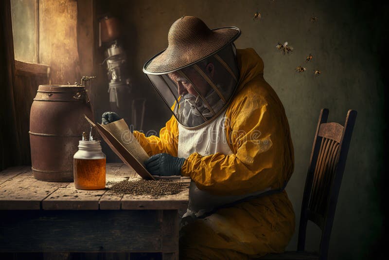 Senior Beekeeper Art Work Working on the Table with Suit. Stock ...
