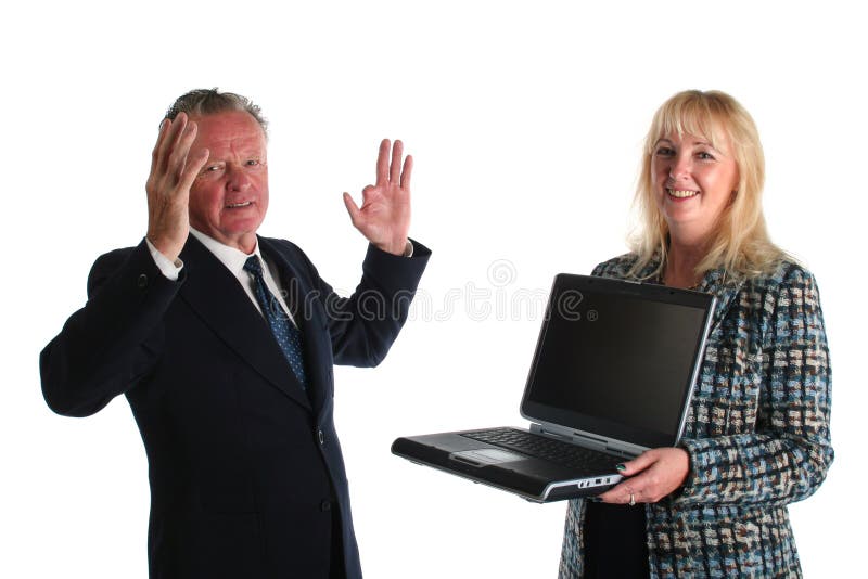 Senior Businesman Fed Up Wtih Younger Assistant Teaching Him How To Use ...
