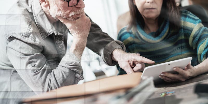 Senior Business People Working on Tablet, Geometric Pattern Stock Image ...