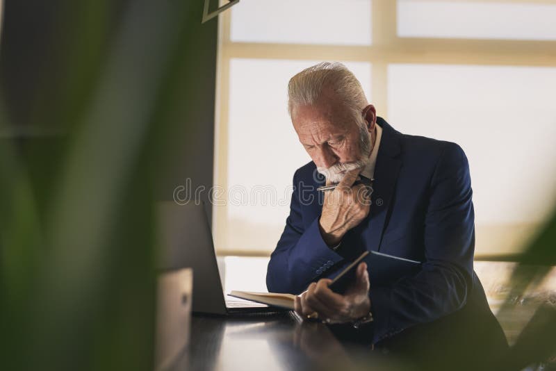 Senior Businessman Reading Notes from a Planner Stock Photo - Image of ...