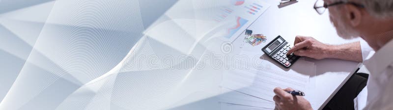 Senior Businessman Using a Calculator, Hard Light. Panoramic Banner ...