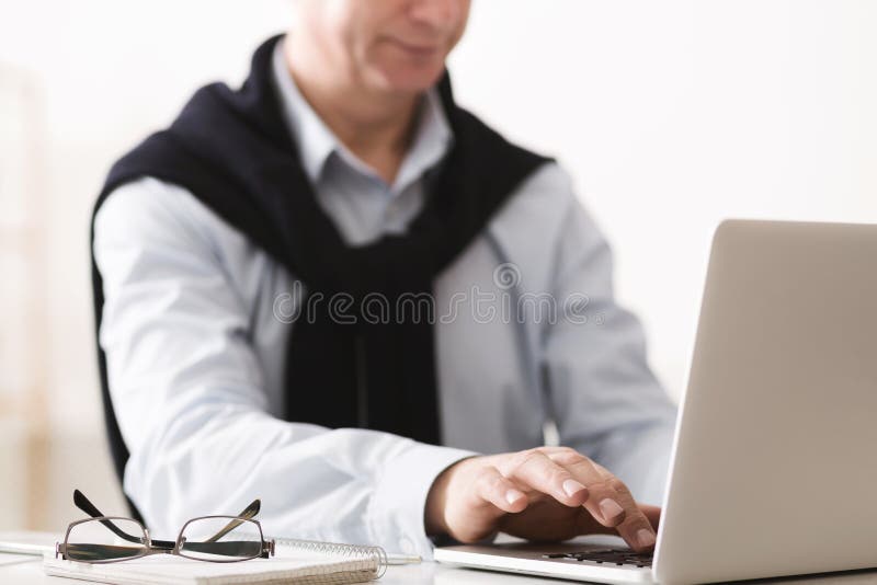 Senior Man Working on Computer, Focus on Hand Stock Photo - Image of ...