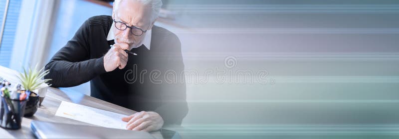 Senior Businessman Working on Document; Panoramic Banner Stock Image ...