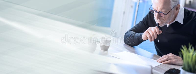 Senior Businessman Working on Document; Panoramic Banner Stock Image ...