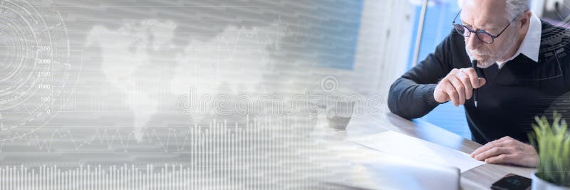 Senior Businessman Working on Document; Panoramic Banner Stock Photo ...