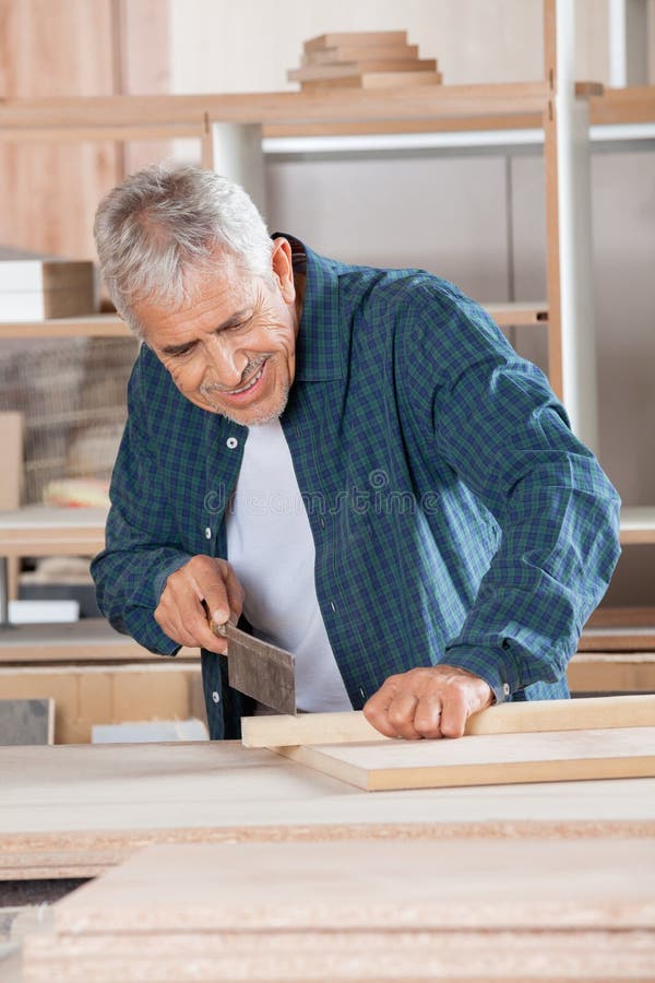 Senior Carpenter Cutting Wood with Saw in Workshop Stock Image - Image ...