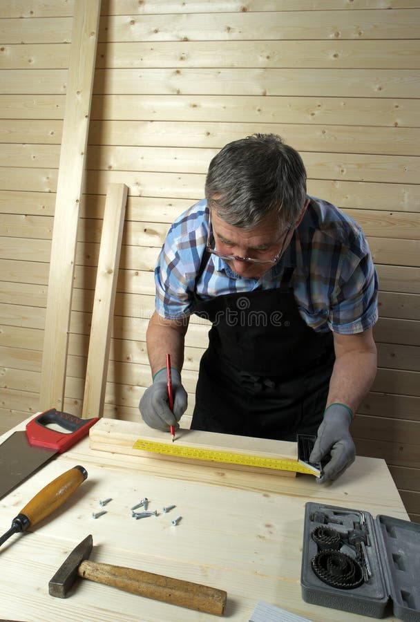 Senior Carpenter Working in His Workshop Stock Image - Image of ruler ...