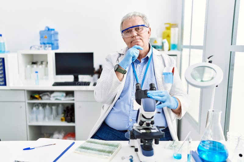 Senior Caucasian Man Working at Scientist Laboratory with Hand on Chin ...