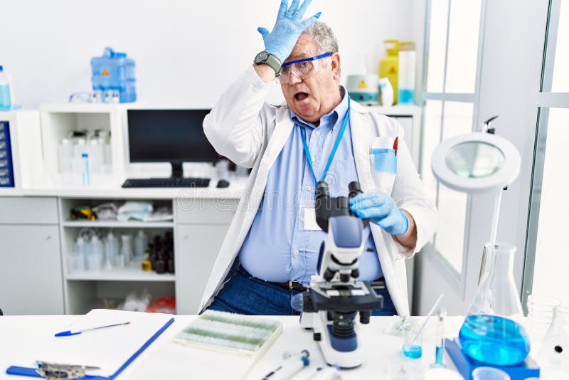 Senior Caucasian Man Working at Scientist Laboratory Surprised with ...