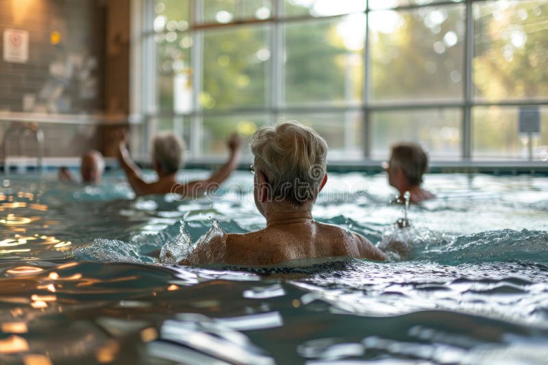Senior Citizens Enjoying Water Aerobics Class in Indoor Pool Stock ...
