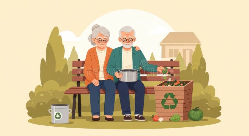 Senior Couple Composting Vegetables on Park Bench Stock Illustration ...