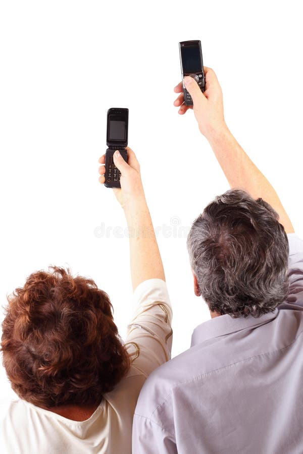 Senior Couple Hold Mobile Phones in Hand Stock Image - Image of glad ...