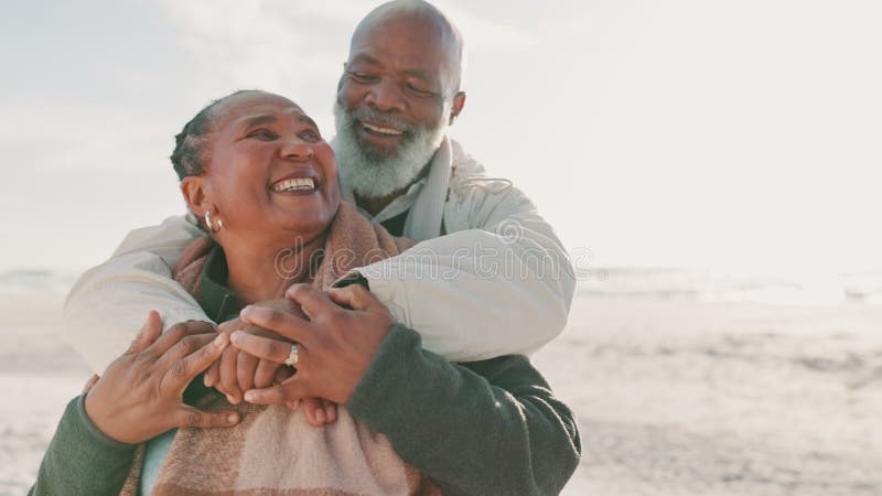 Senior Couple And Hug On Beach With Love For Vacation Holiday Or