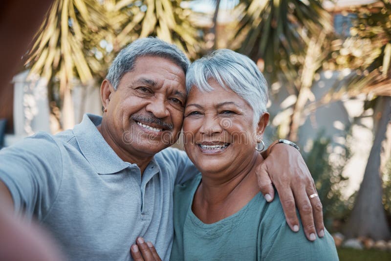 Senior Couple Hug And Smile For Selfie Social Media Or Profile