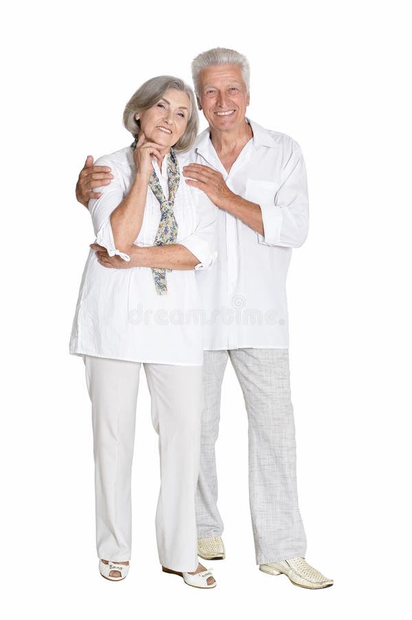102 Portrait Senior Couple Hugging Isolated White Background Full