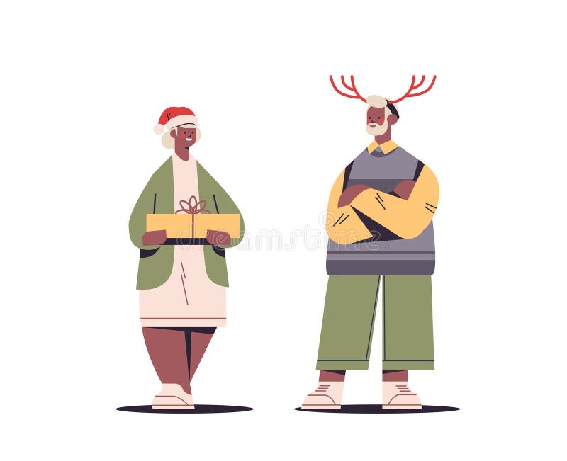 Senior Couple in Santa Claus Hats Having Fun with Presents New Year ... Senior Couple in Santa Claus Hats Having Fun with Presents New Year ...