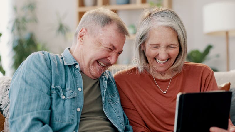 Senior Couple Tablet And Laughing For Funny Meme On Social Media App