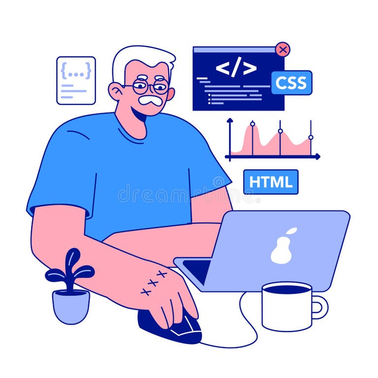 Senior Developer. Oldman Programming and Coding Stock Illustration ...