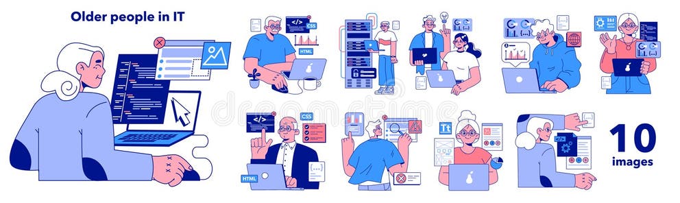 Senior Developer Set Old People Programming And Coding Stock Vector 9194