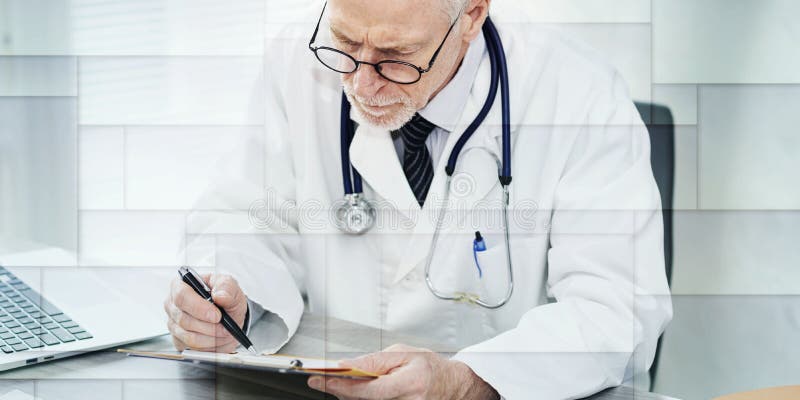 Senior Doctor Reading a Clinical Record, Geometric Pattern Stock Photo ...